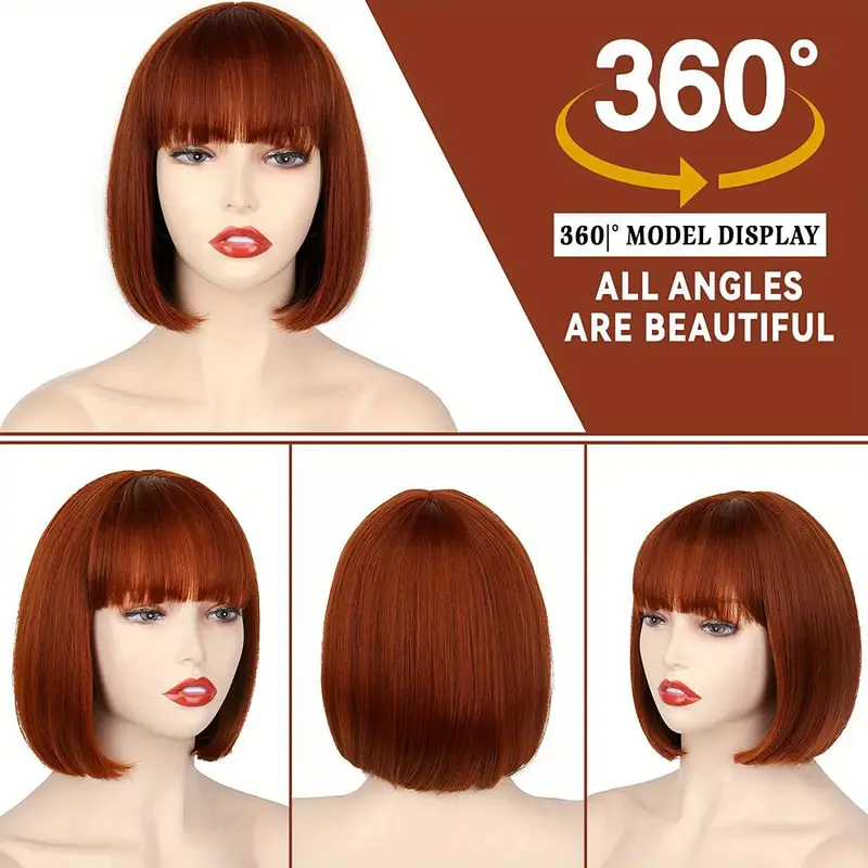 White Short Straight Bob Wigs Bangs Natural Synthetic Fiber Temu