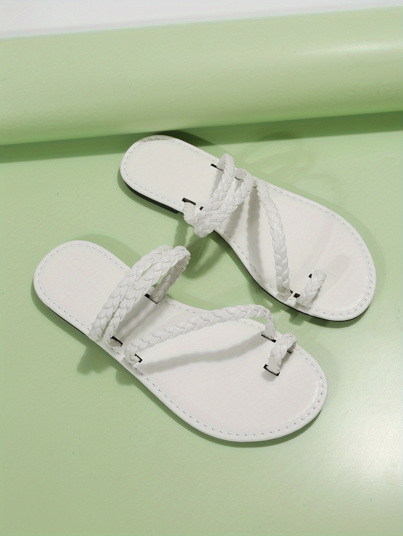 Women's Braided Strap Flat Slides Solid Color Toe Loop Non - Temu Australia