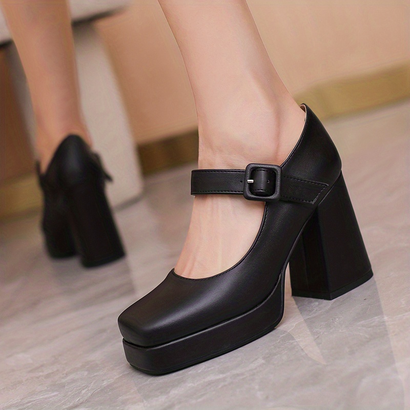 Faux Leather Block Heeled Shoes Women s Comfy Square Closed - Temu ...