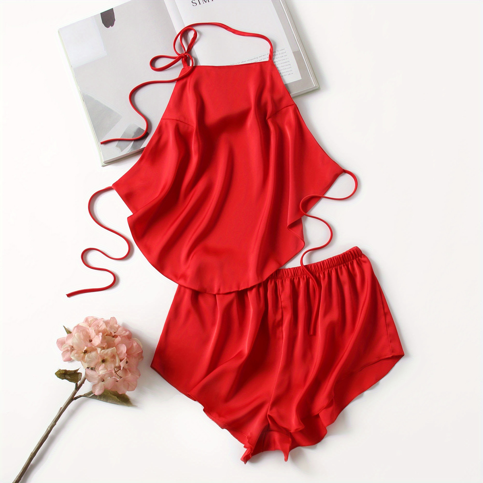 Solid Satin Pajama Set Halter Lace Top Elastic Waistband - Temu New Zealand