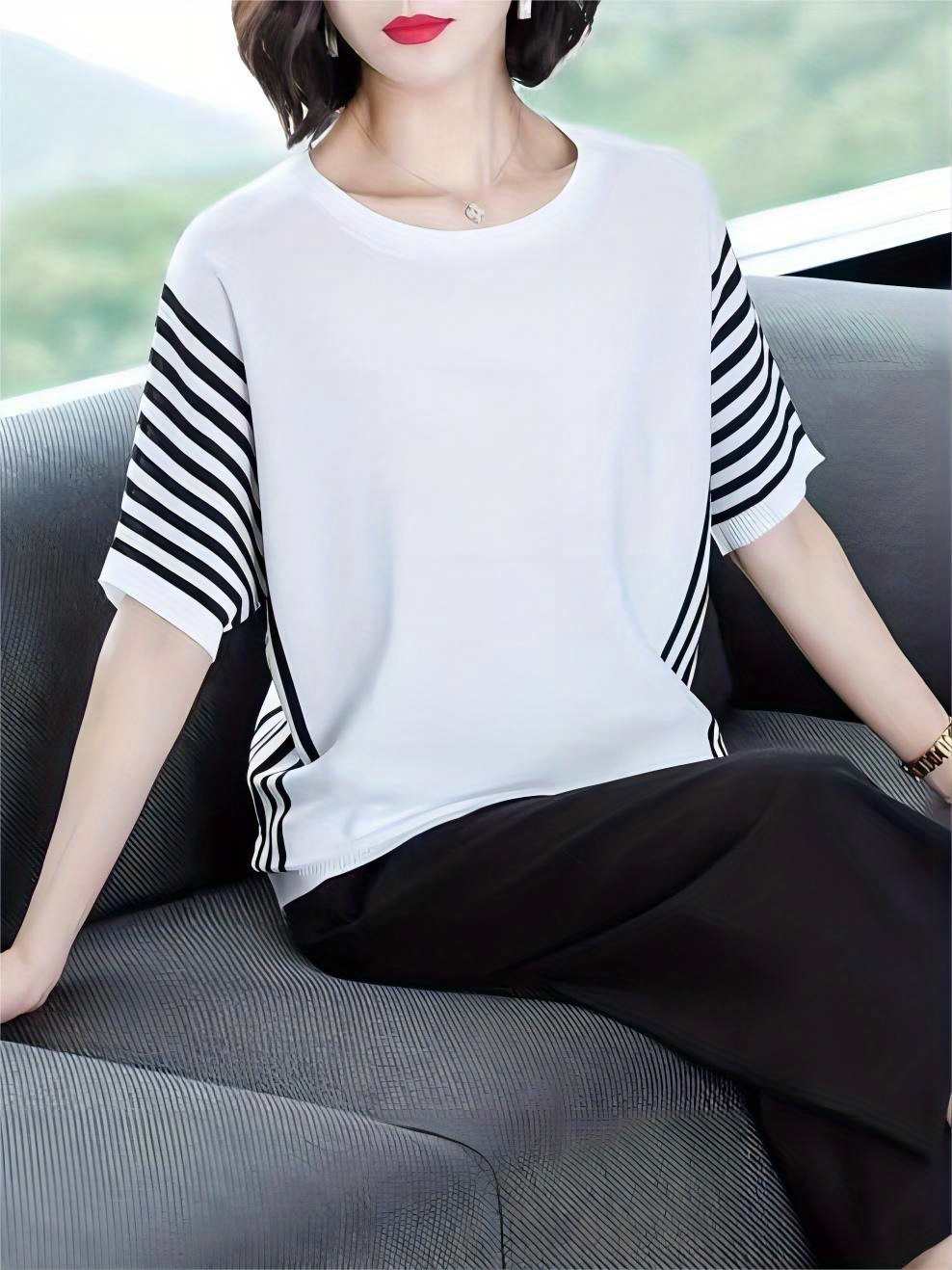 Striped Print Knit Sweater Casual Crew Neck Batwing Sleeve - Temu ...