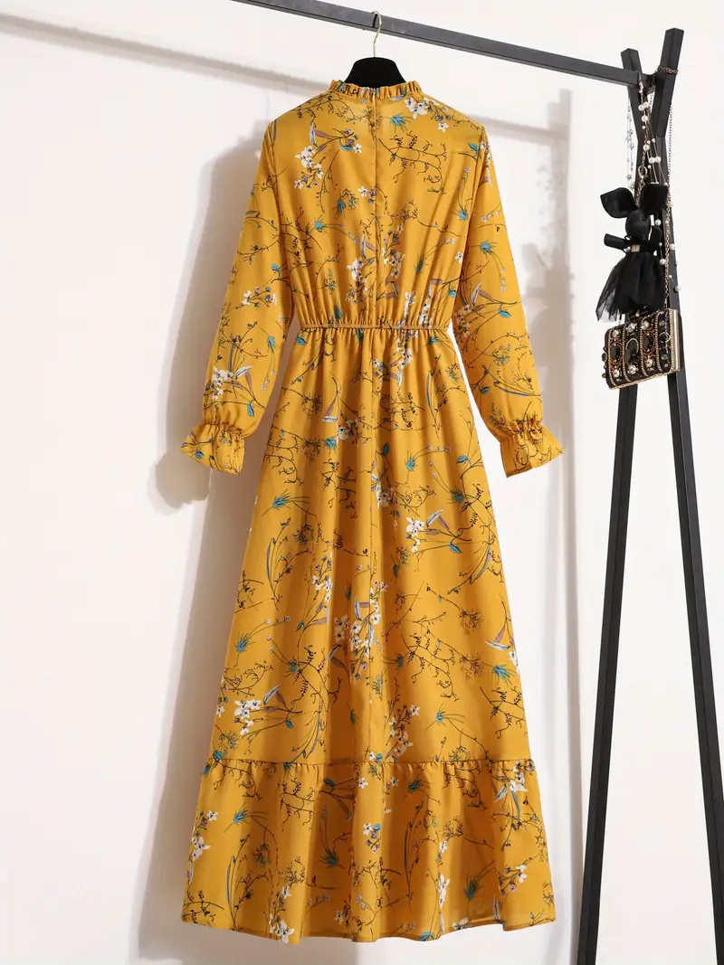 Floral Print Ruffle Trim Dress Elegant Stand Collar Long Temu
