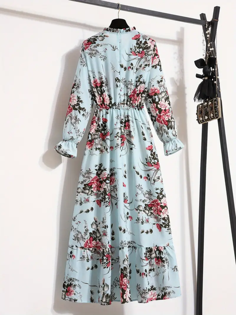 Floral Print Ruffle Hem Dress Elegant Crew Neck Long Sleeve Temu Portugal