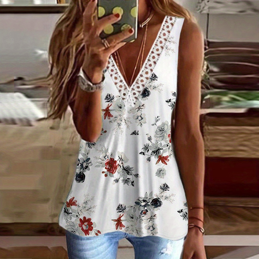 Floral Print Lace Trim Tank Top Casual V Neck Sleeveless - Temu