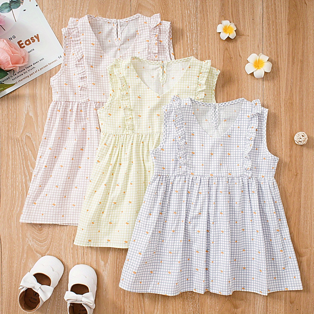 女の赤ちゃんカジュアルチェック柄ノースリーブ V ネックドレス服夏用 Temu Japan