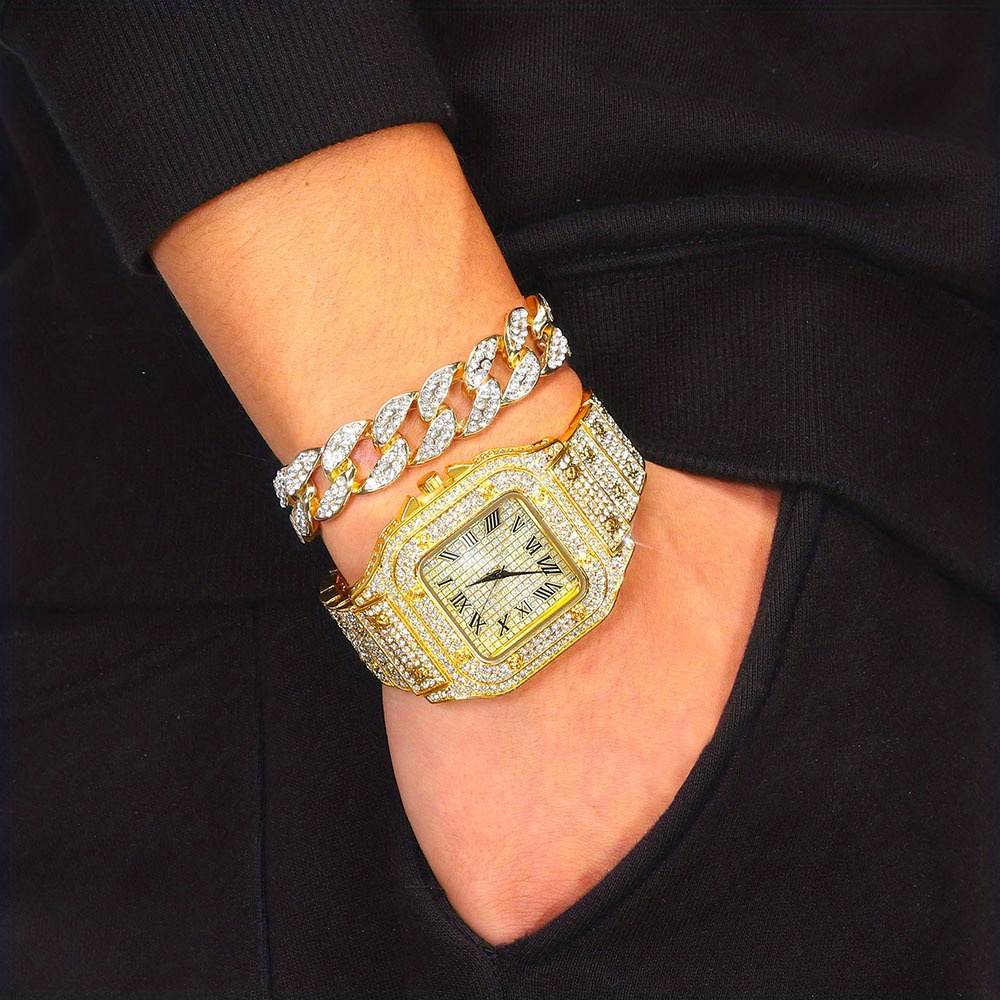 Men's Fashion Hip Hop Crystal Inlaid Watch Luxury Cuban Hand Chain ...