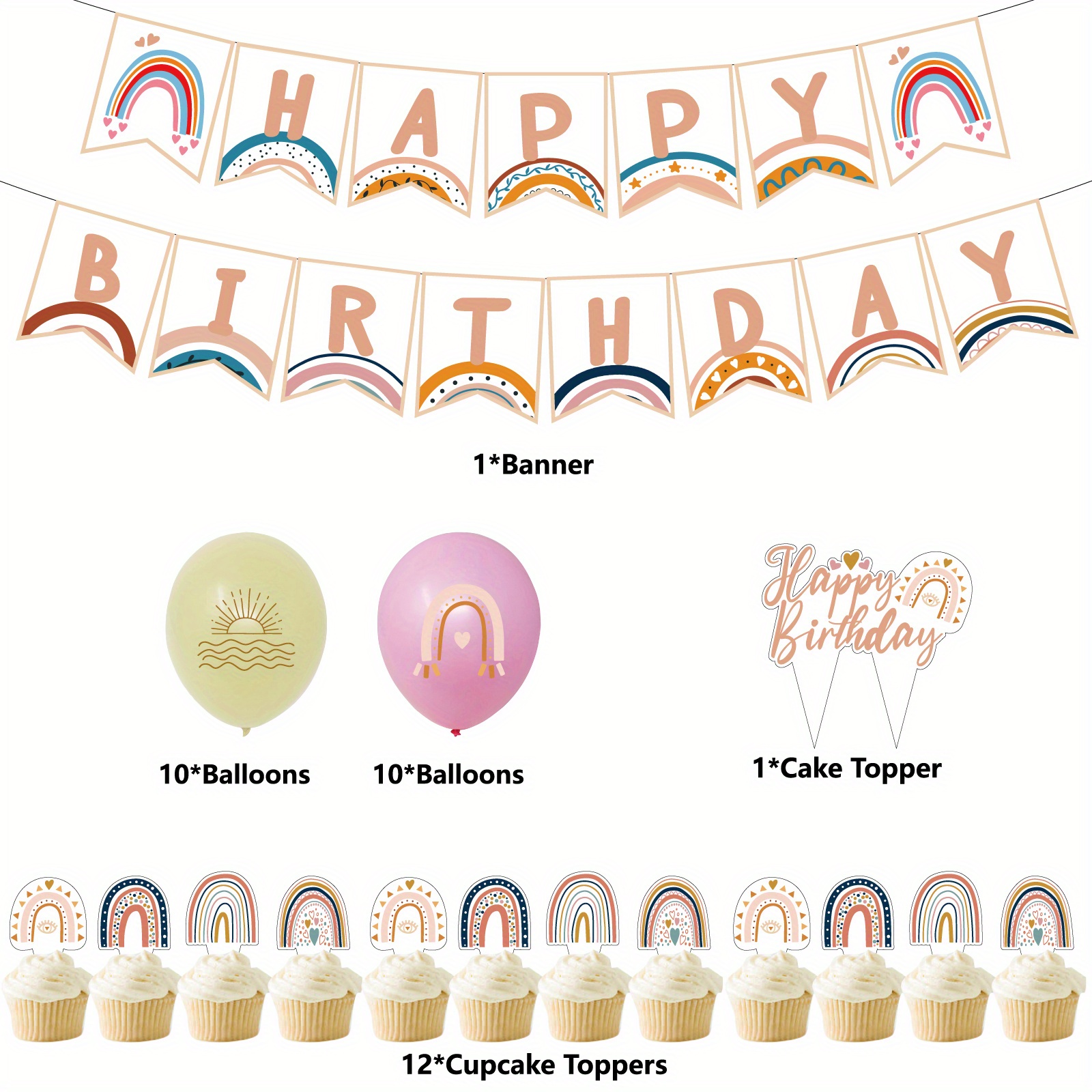 32pcs 보헤미안 스타일 슈트 해피 버스데이 보헤미안 스타일 세트 깃발 들기 풍선 파티 저녁 파티 장식과 해피 버스
