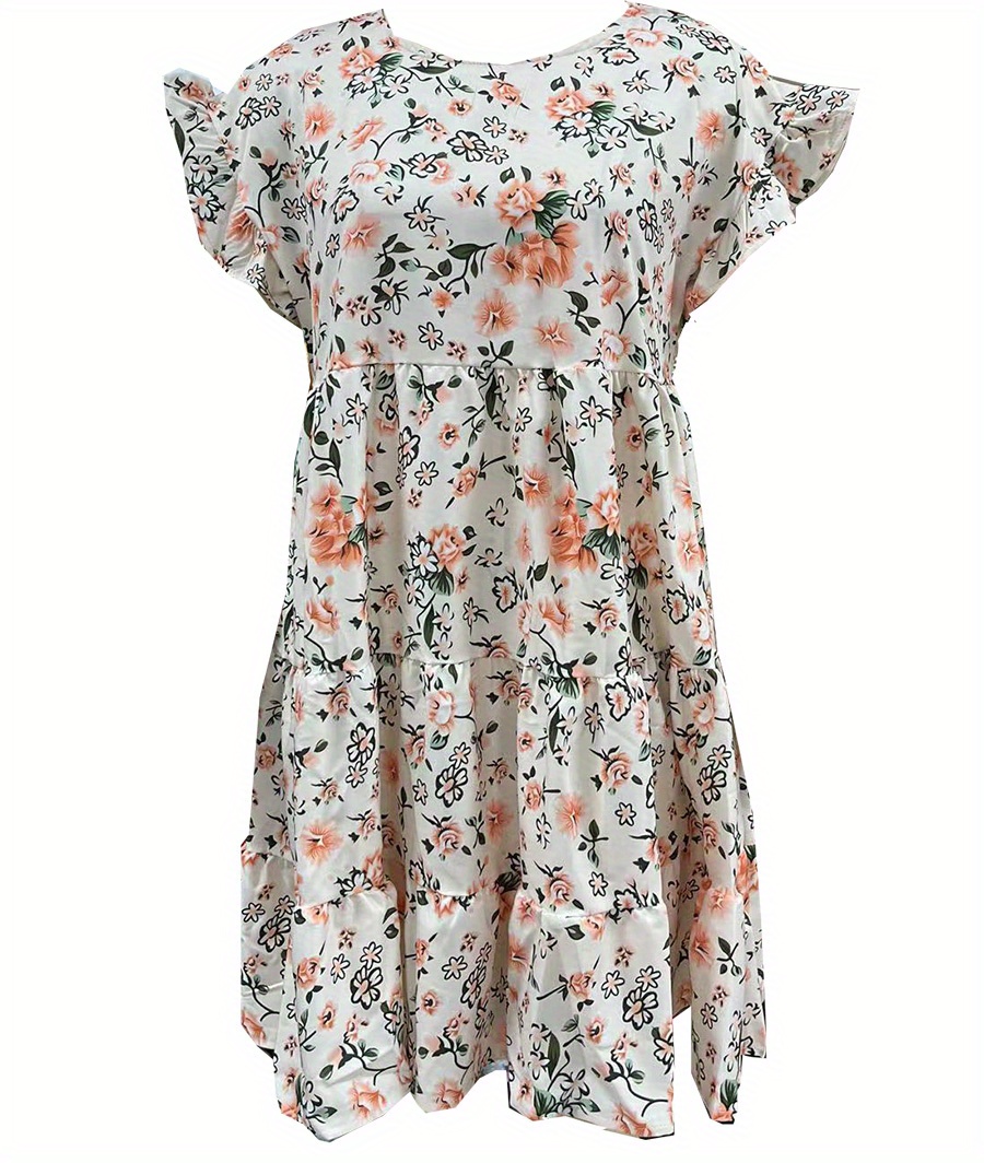 Boho Floral Print Ruffle Hem Dress Casual Crew Neck Short - Temu New Zealand