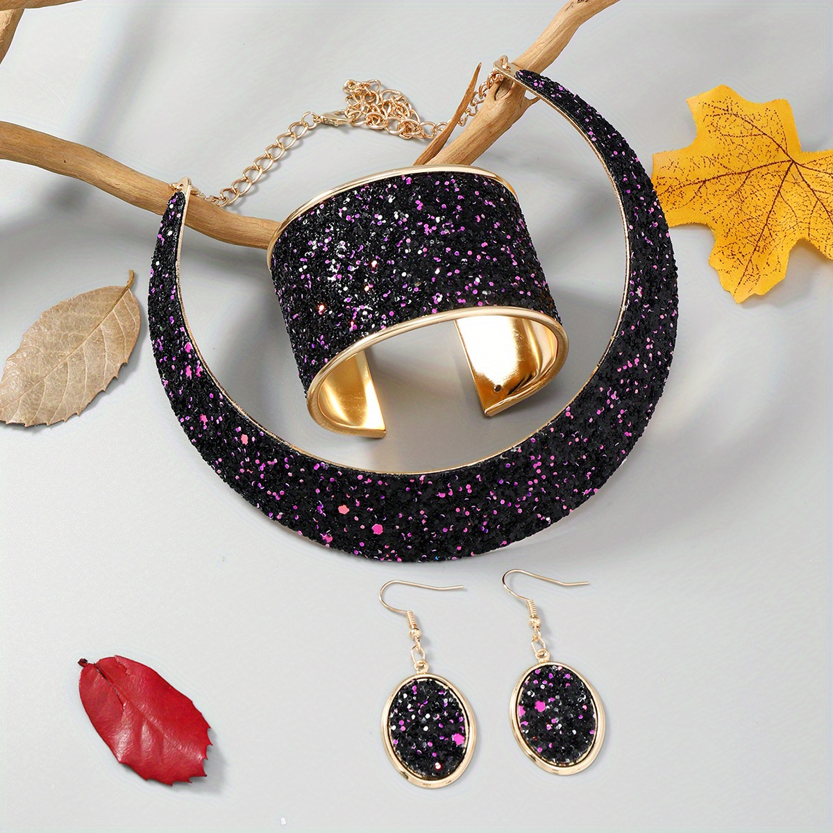 Shiny Jewelry Set Choker Necklace Drop Earrings Cuff Bangle - Temu New ...