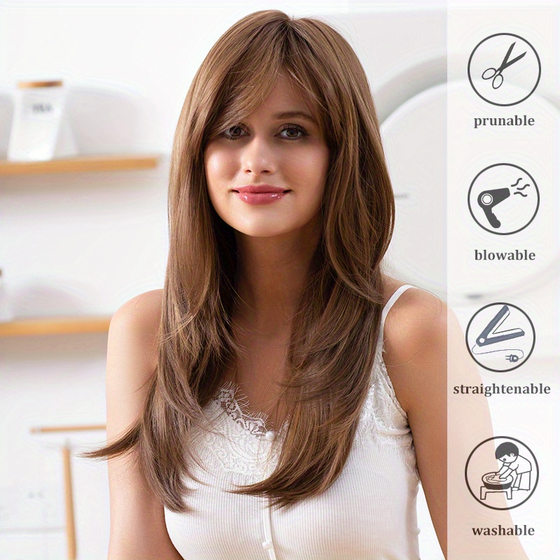 Brown Long Wavy Layered Hair Wigs Bangs Synthetic Fiber Hair - Temu ...