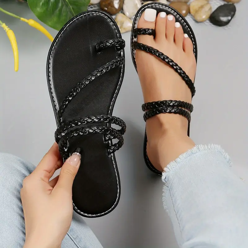 Womens Braided Strap Flat Sandals Solid Color Toe Loop Non Temu