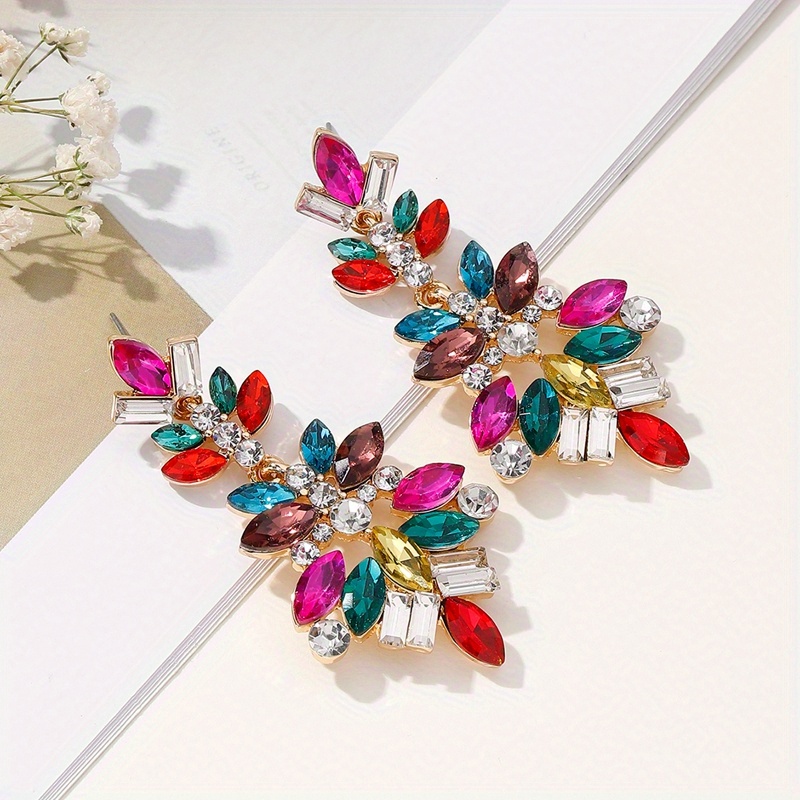 Coloré Brillant Strass Décor Longues Boucles Doreilles Rétro Luxe Style ...