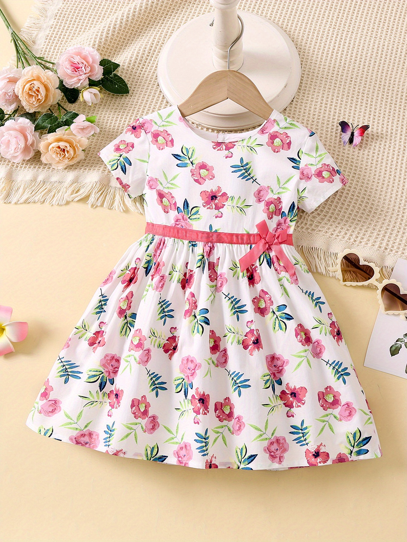 Toddler Girls Short Sleeve Flowers Graphic Bow Princess - Temu New Zealand