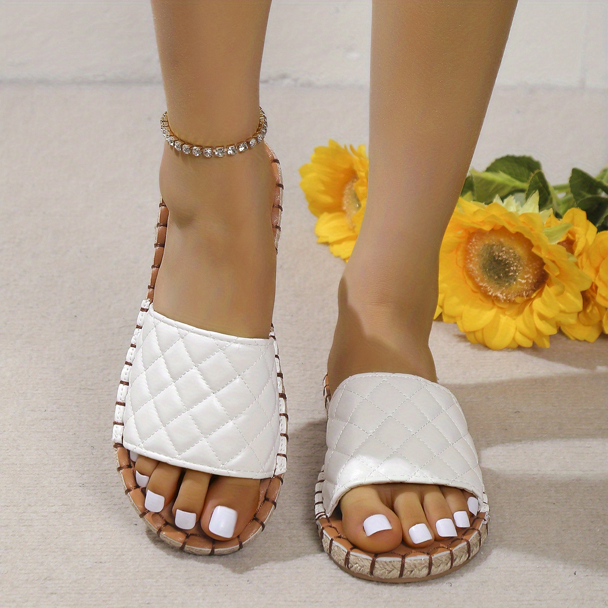 Women's Quilted Flat Slides Solid Color Open Round Toe Non - Temu ...