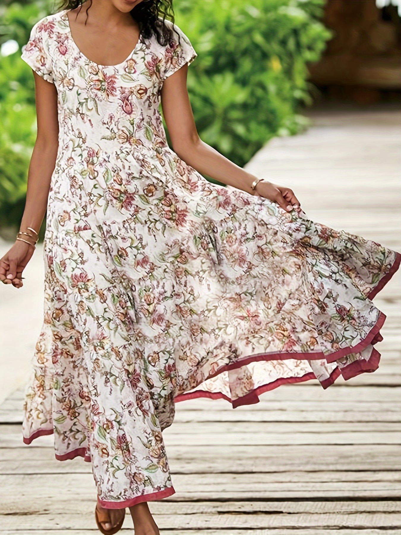 Floral Print Ruffle Hem Dress Casual Crew Neck Short Sleeve - Temu Australia