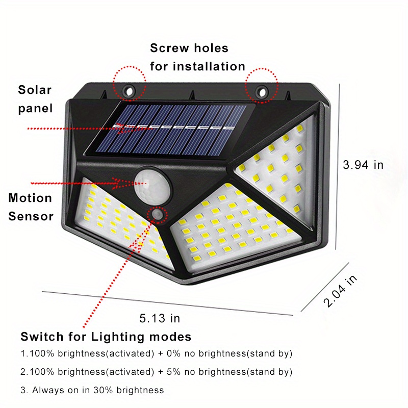 1pc Led Solar Wall Light 100leds 3 Lighting Modes 270 Lighting Angle Motion Sensor Security ...