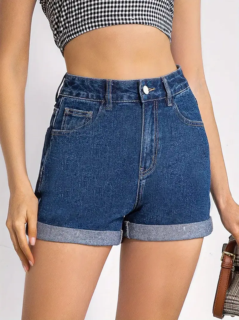 Blue Rolled Hem Denim Shorts Slash Pockets Mid Waist Short Temu