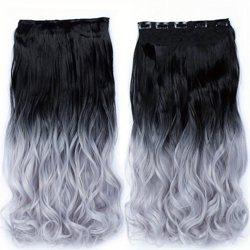 Black Wavy Clip In Hair Extensions Long Thick One Piece Gray - Temu