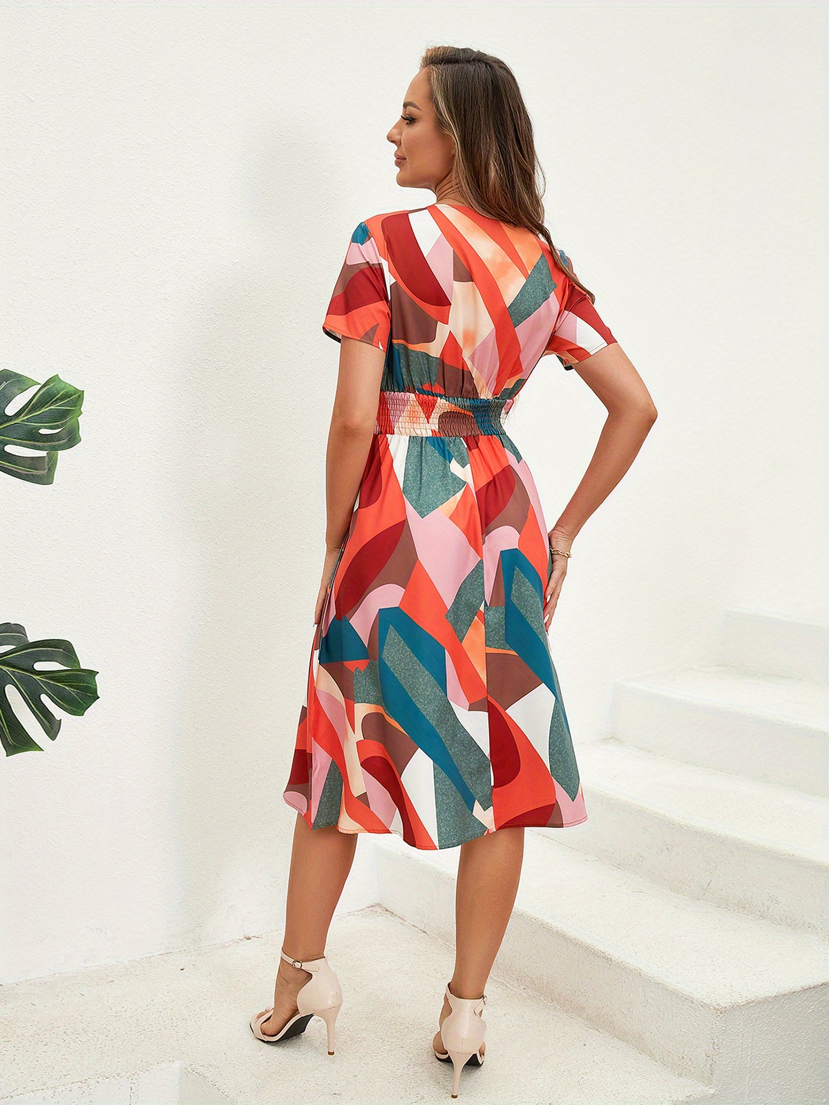 Colorblock Print Dress Vintage Short Sleeve V neck Waist - Temu United ...