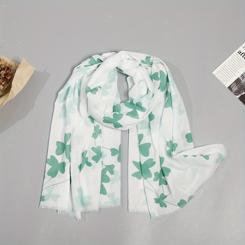 Green Lucky Clover Print Hijab Elegant White Scarf Frayed - Temu New ...