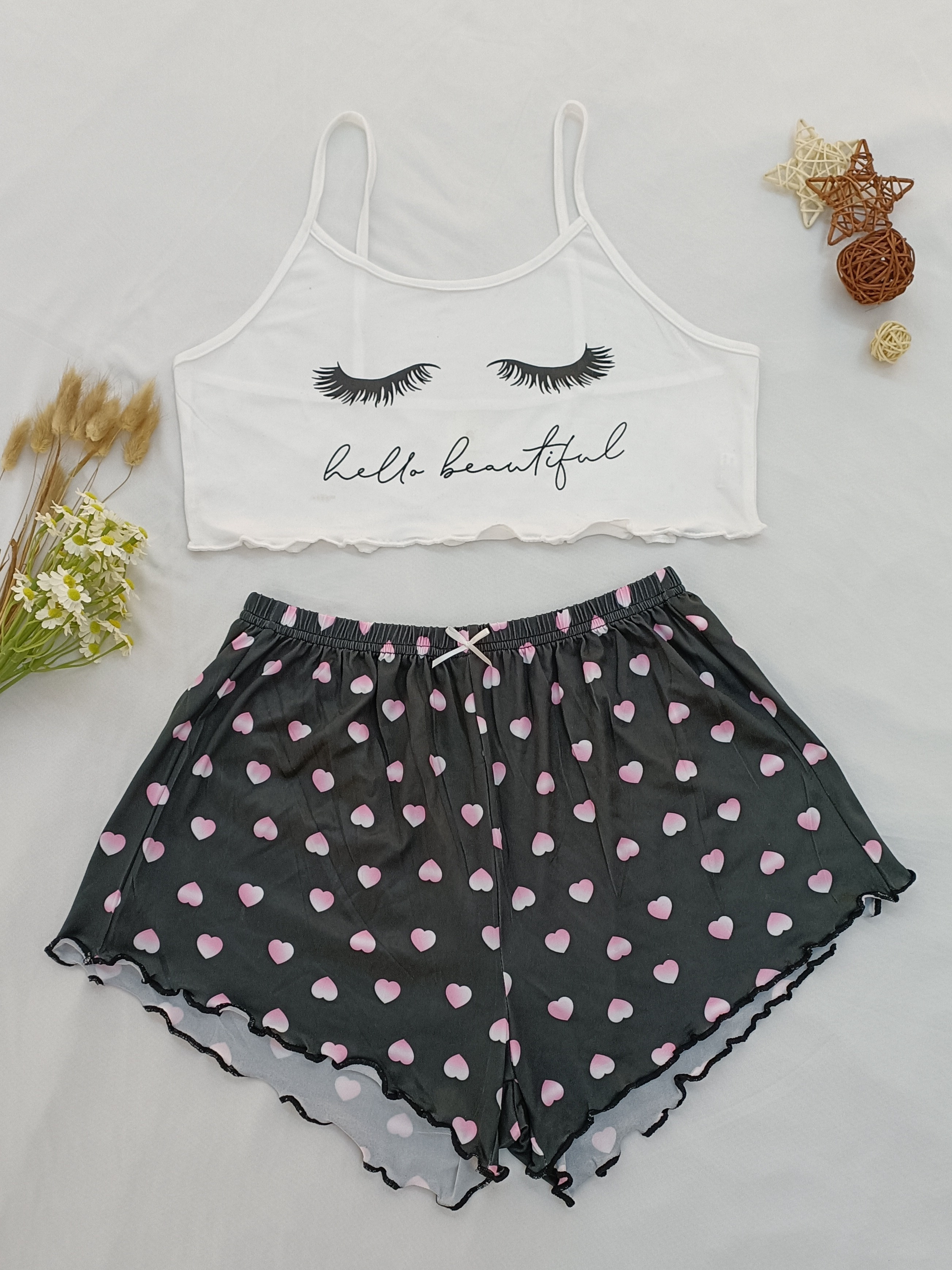 Eyelash Pattern Lounge Set Comfy Fungus Trim Cami Crop Top + - Temu Norway