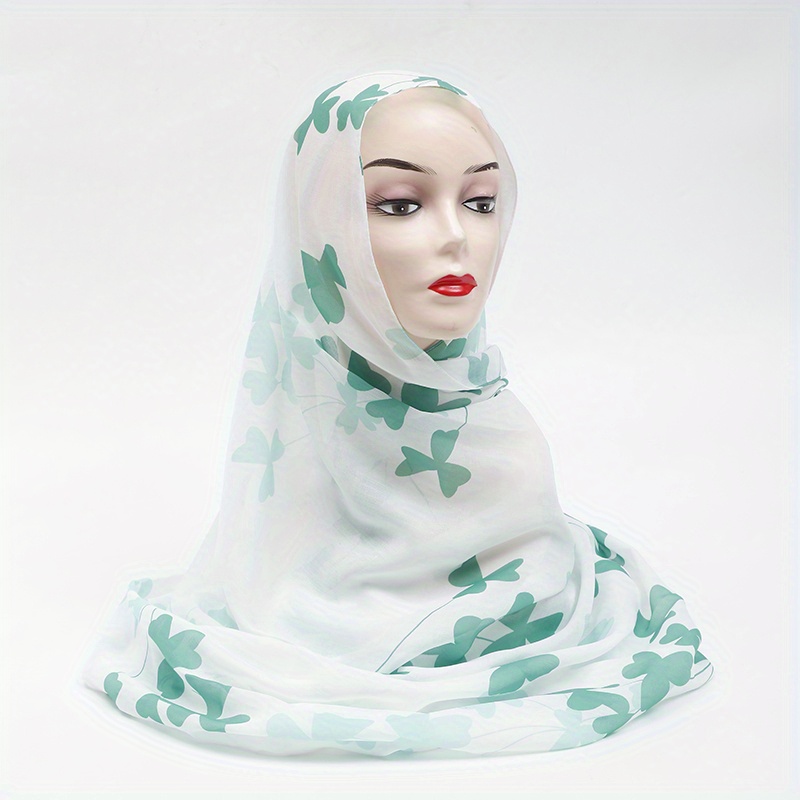 Green Lucky Clover Print Hijab Elegant White Scarf Frayed - Temu New ...