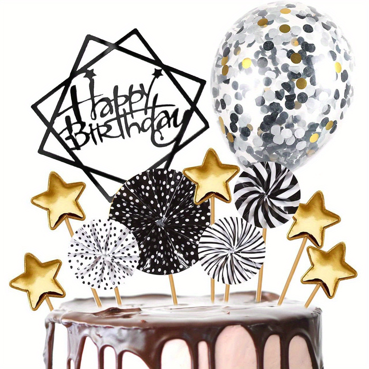 11pcs Golden Cake Topper Happy Birthday Cake Topper Confetti Balloon ...