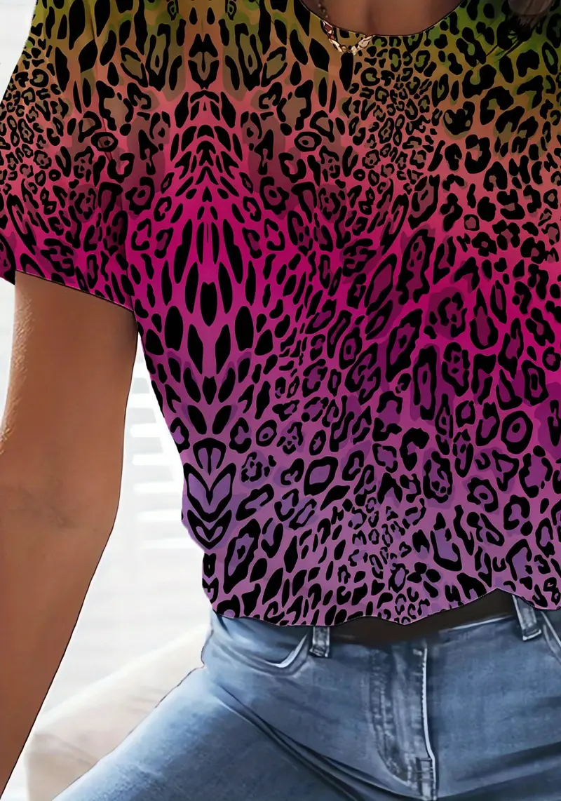 Leopard Print Crew Neck T Shirt Casual Short Sleeve T Shirt Temu