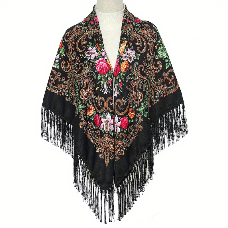 boho large square scarf flower print tassel shawl vintage - Temu Australia