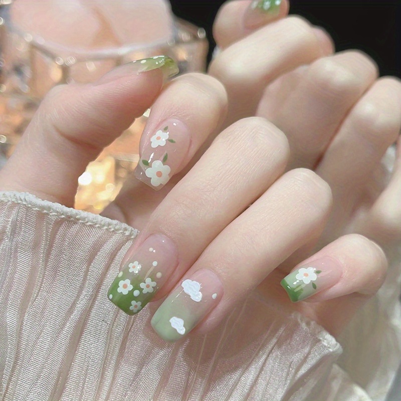 Glossy Medium Square Nails Spring Green Ombre Press - Temu Australia