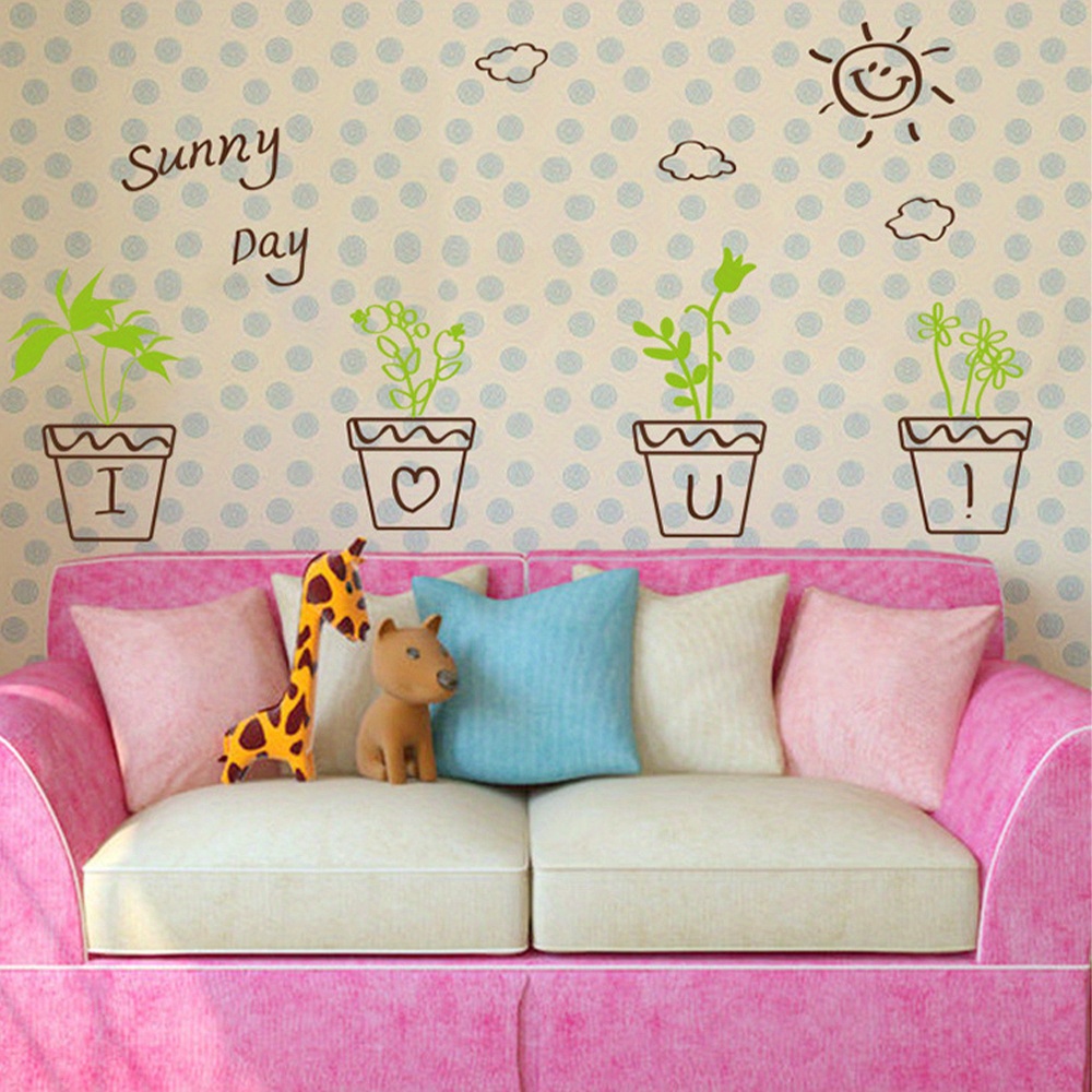 1pcs Sketch Style Green Plant Flower Pot Decorative Wall Sticker Self ...