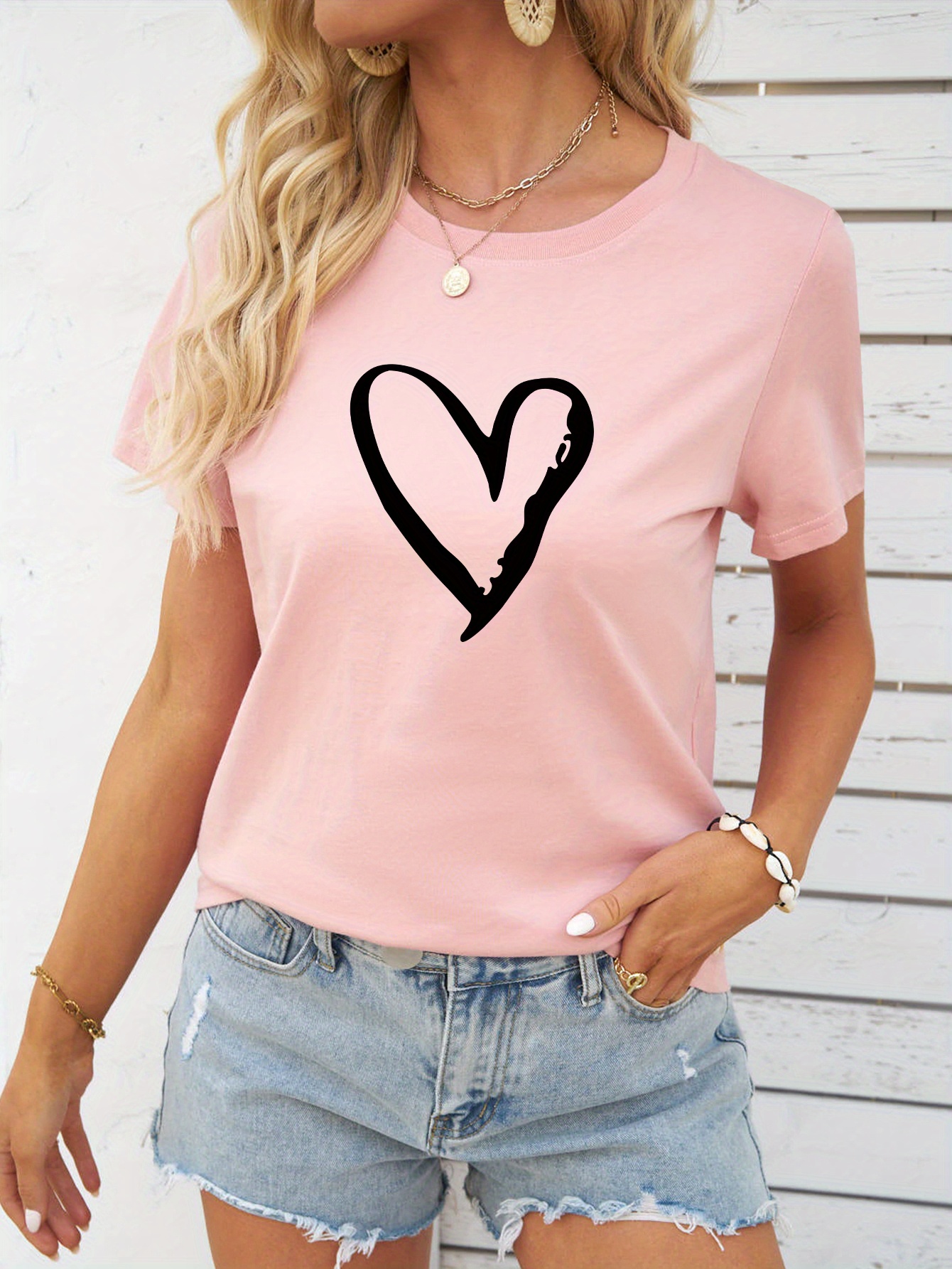 Heart Print T shirt Short Sleeve Crew Neck Casual Top Summer - Temu United Kingdom