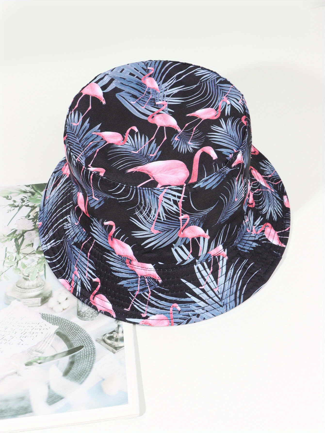 Cute Flamingo Branch Bucket Hat Reversible Black Cartoon - Temu Australia