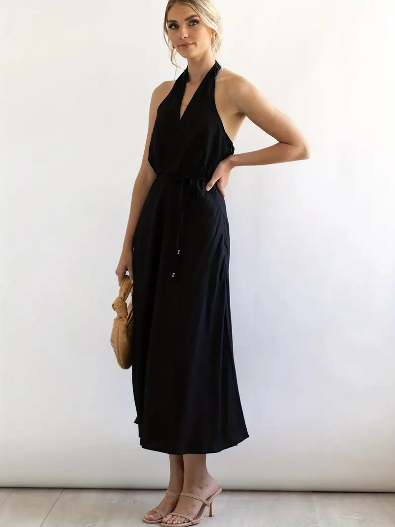 Solid Halter Neck Dress Sexy Sleeveless Slim Waist Backless Temu
