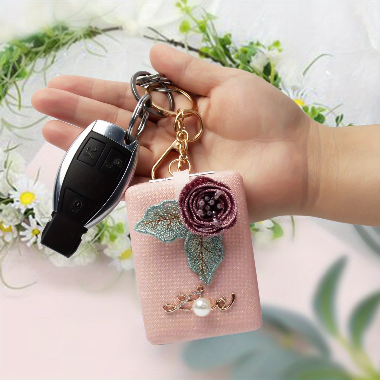 Compact Folding Mirror Keychain Cute Rose Flower Key Chain Ring Purse ...
