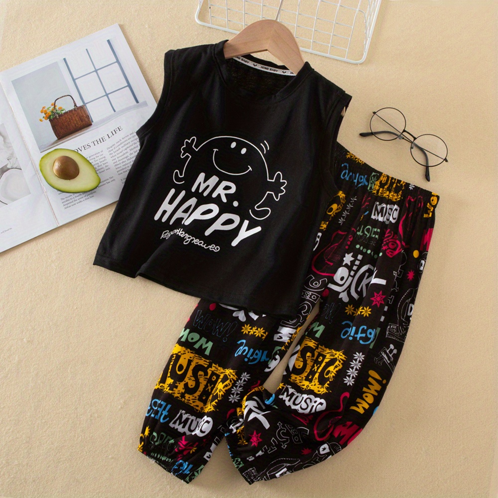 2pcs Boys Mr Happy Letter Guitar Pattern Cartoon Round Neck - Temu ...
