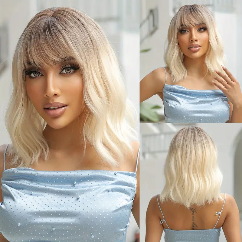 Ombre Blonde Short Curly Wigs Bangs Women Synthetic Fiber Temu
