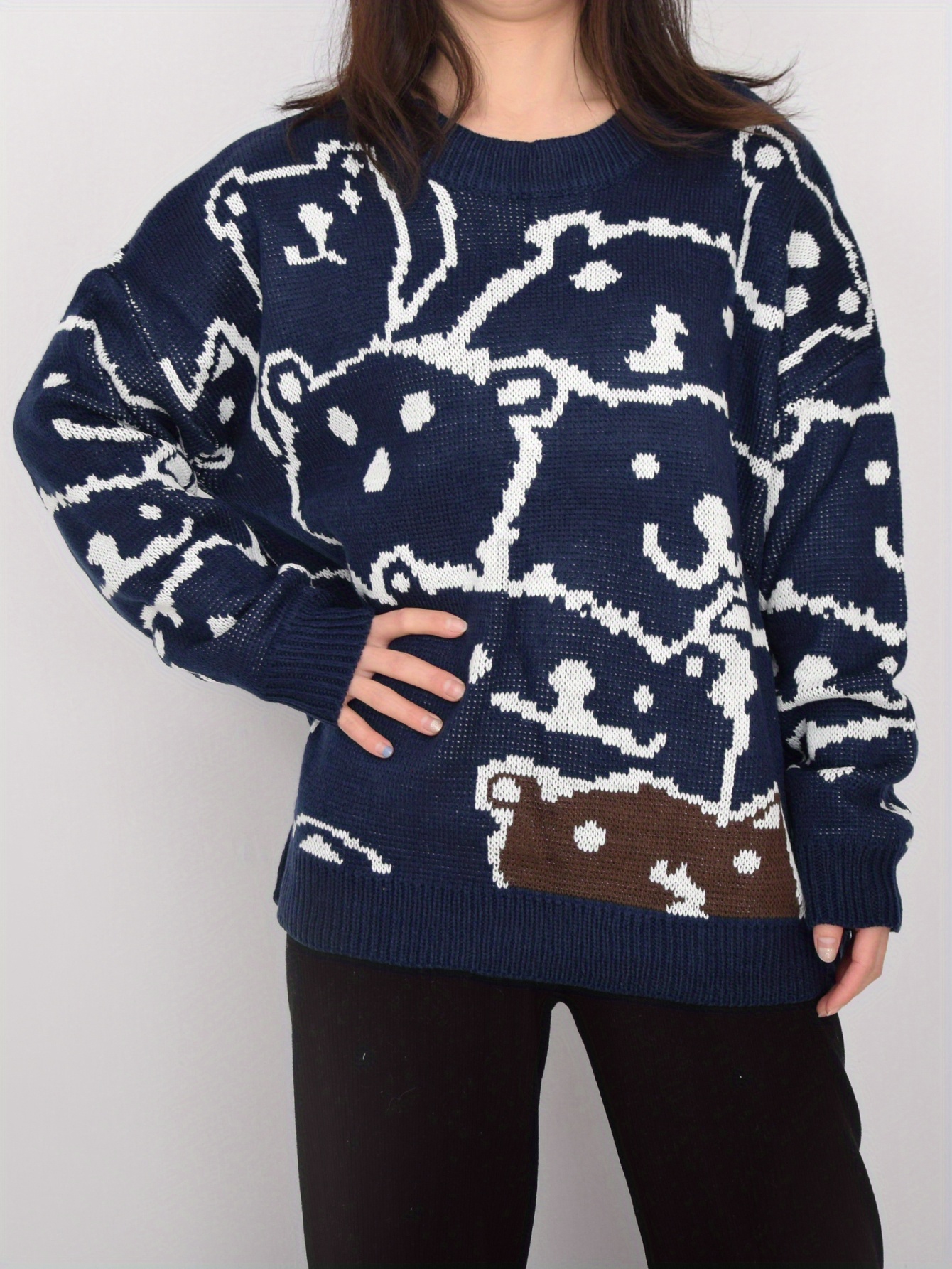 Cute Print Knit Sweater Casual Crew Neck Long Sleeve Sweater - Temu United