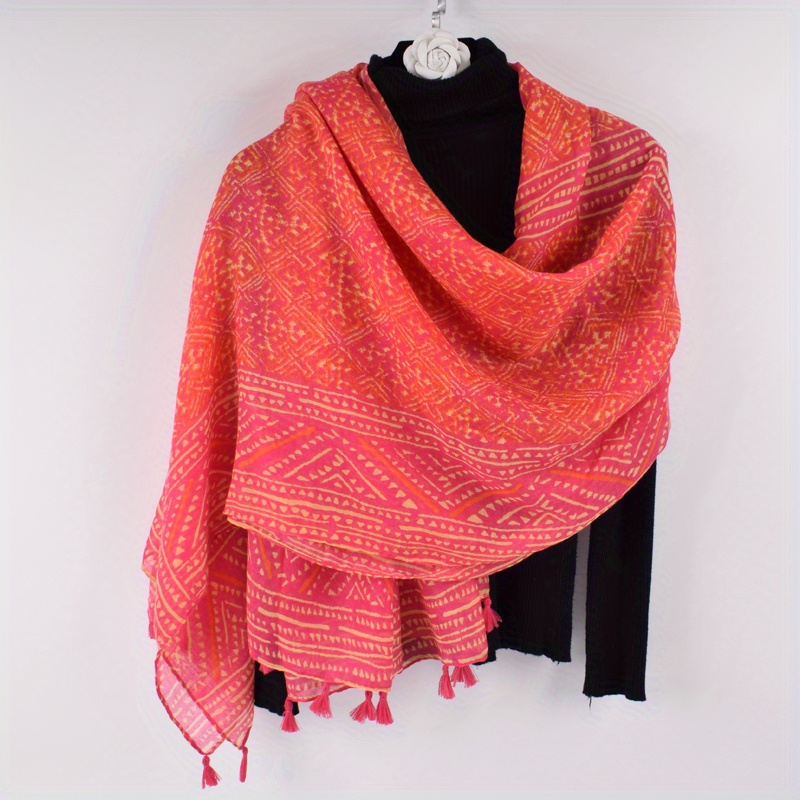 Boho Geometric Print Scarf Rose Red Vintage Tassel Warm Shawl Women ...
