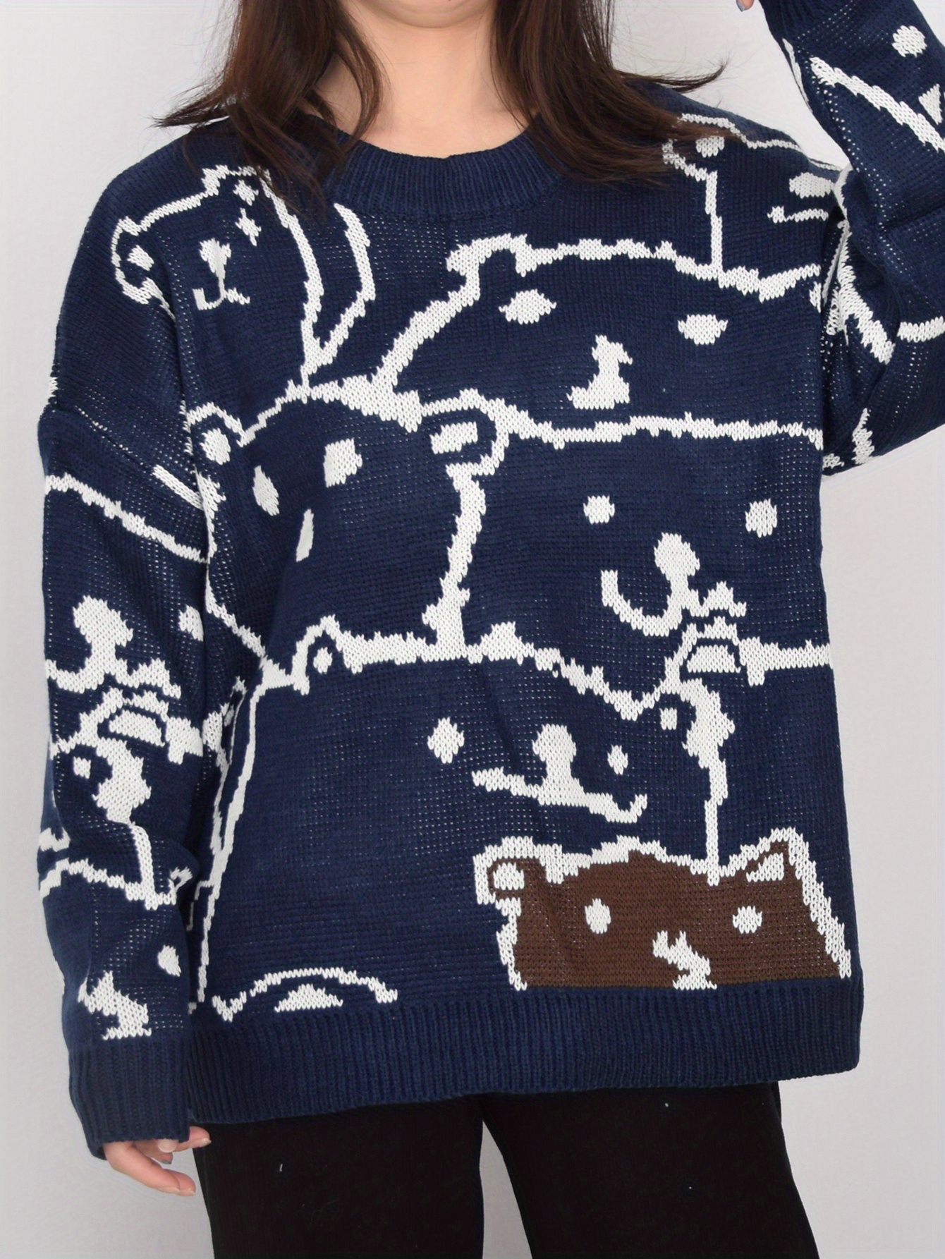 Cute Print Knit Sweater Casual Crew Neck Long Sleeve Sweater - Temu United