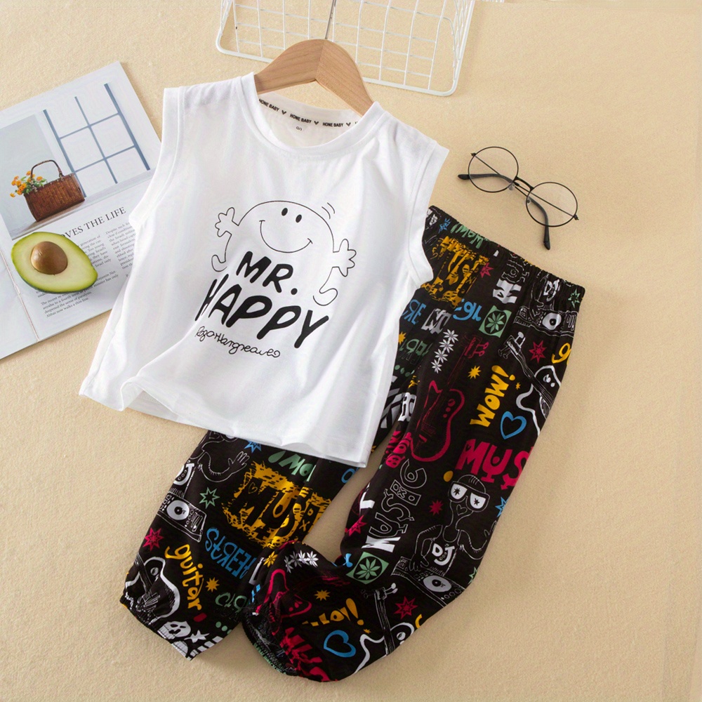 2pcs Boys Mr Happy Letter Guitar Pattern Cartoon Round Neck - Temu ...