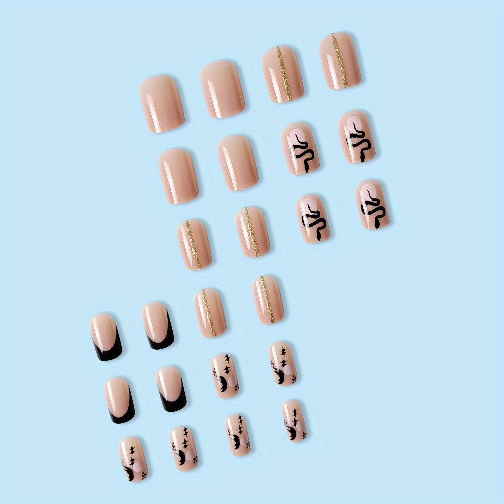 24pcs 손톱에 누드 프렌치 팁 프레스 짧은 사각형 손톱 광택 전체 커버 손톱 뱀과 달 디자인 Temu Republic