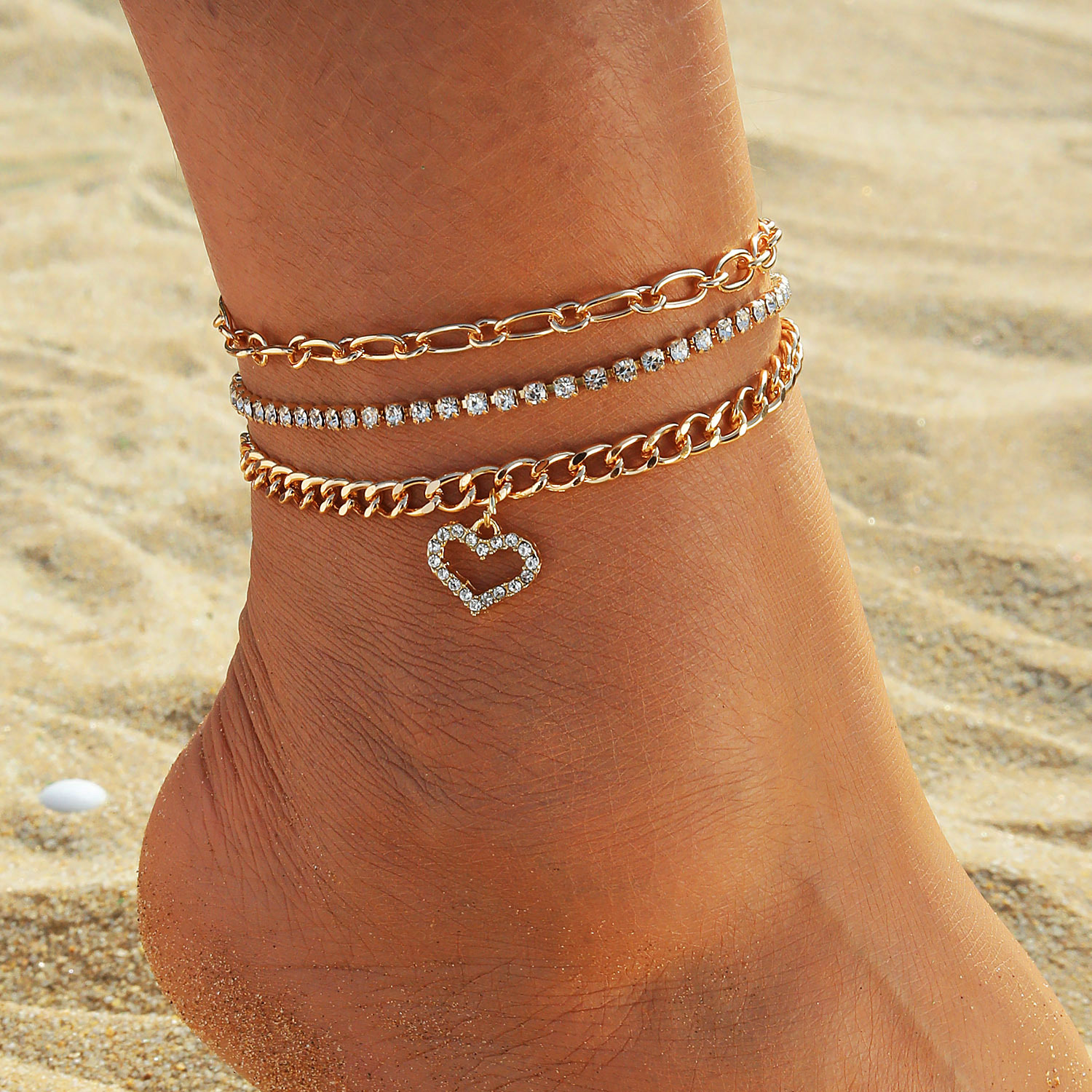 Love Heart Pendant Chain Anklet Inlaid Shiny Rhinestones - Temu Netherlands
