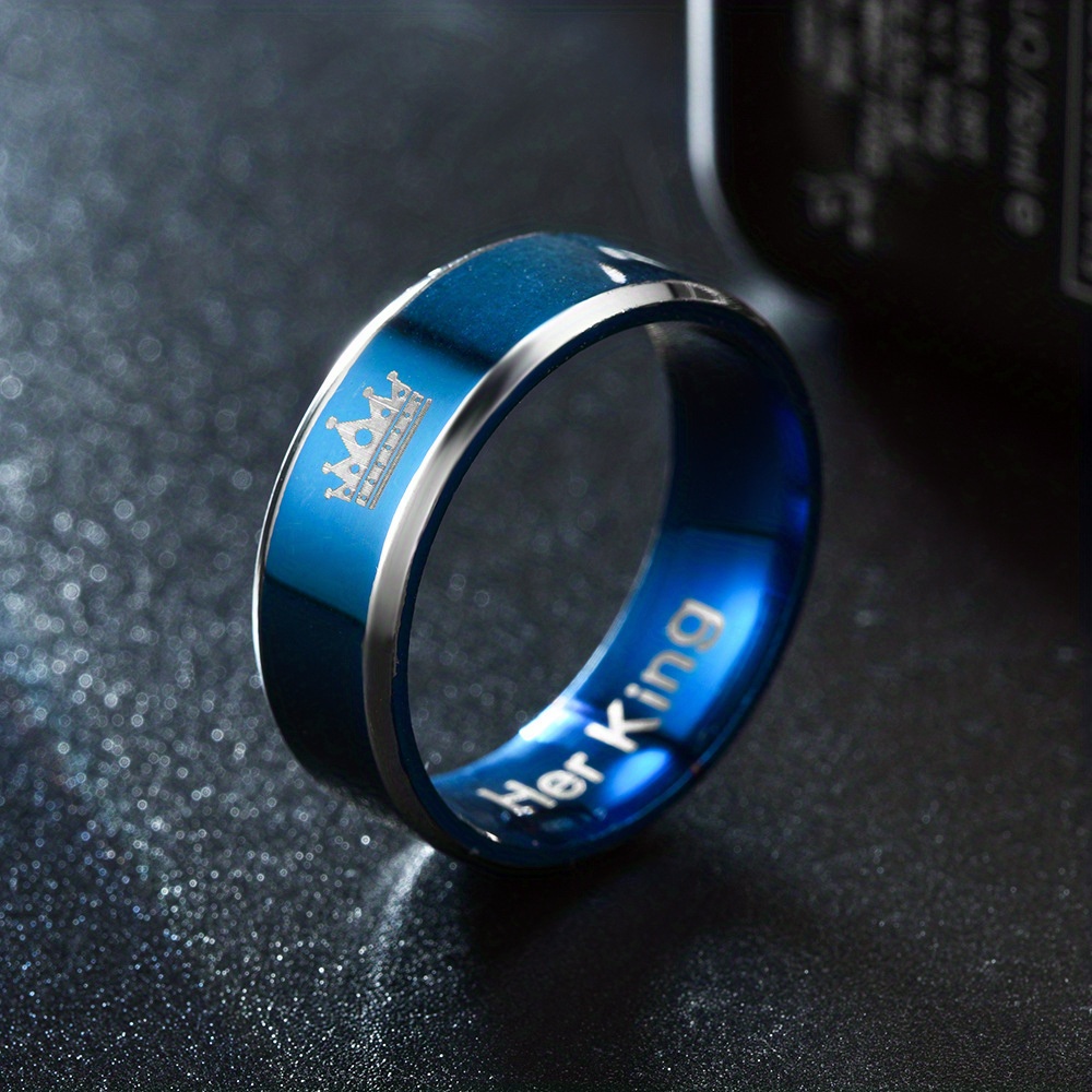 Blue Stainless Steel Ring Queen King Couple Rings Men's - Temu