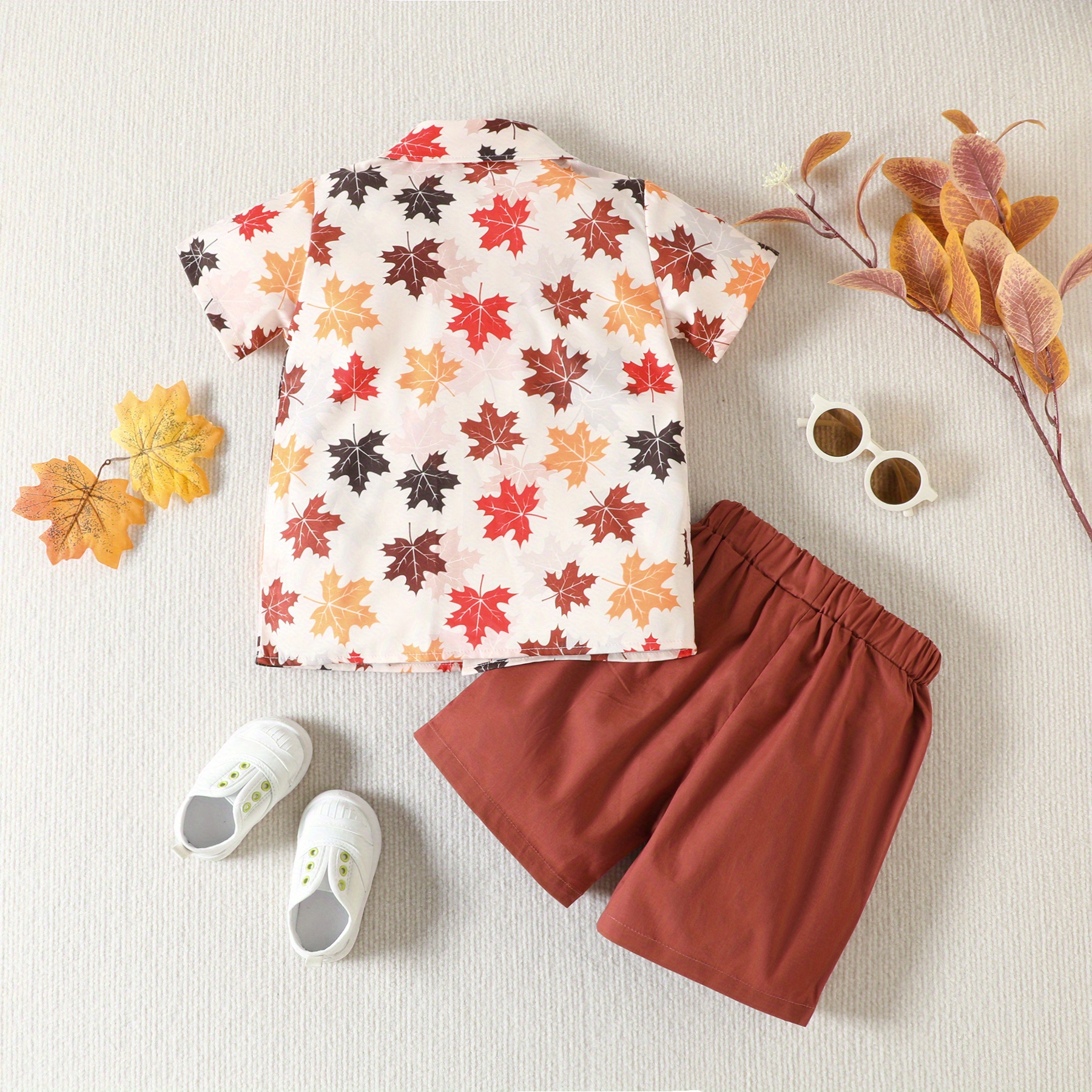 Boys Leaf Print Trendy Outfit Short Sleeves Shirt Shorts Kids Summer ...
