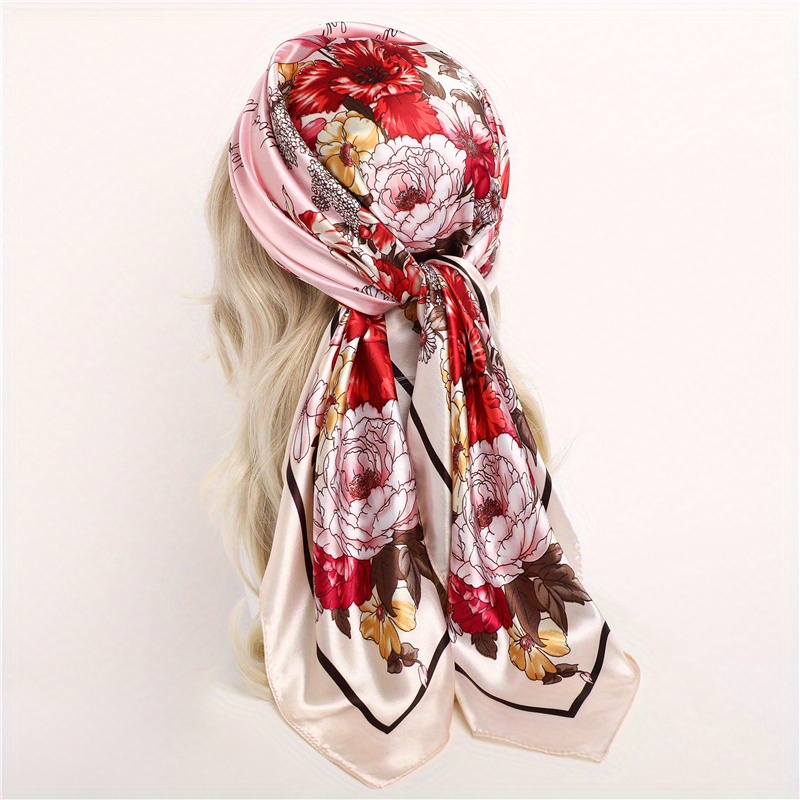Romantic Flower Print Square Scarf Vintage Satin Large Shawl - Temu ...