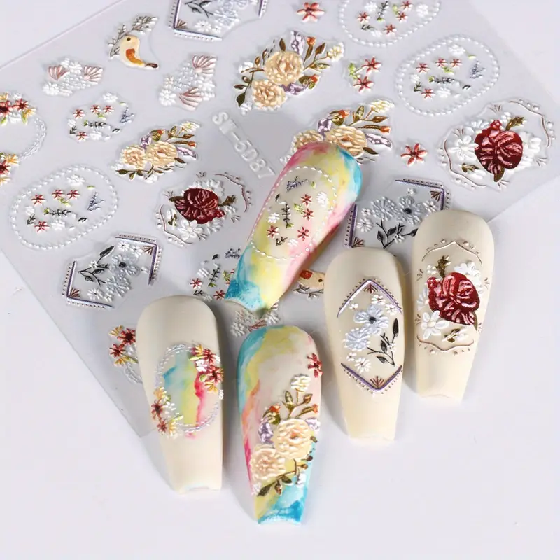 5d 엠보싱 네일 아트 스티커 Diy 또는 네일 살롱용 자체 접착성 레이스 꽃 네일 아트 데칼 여성 Temu Korea