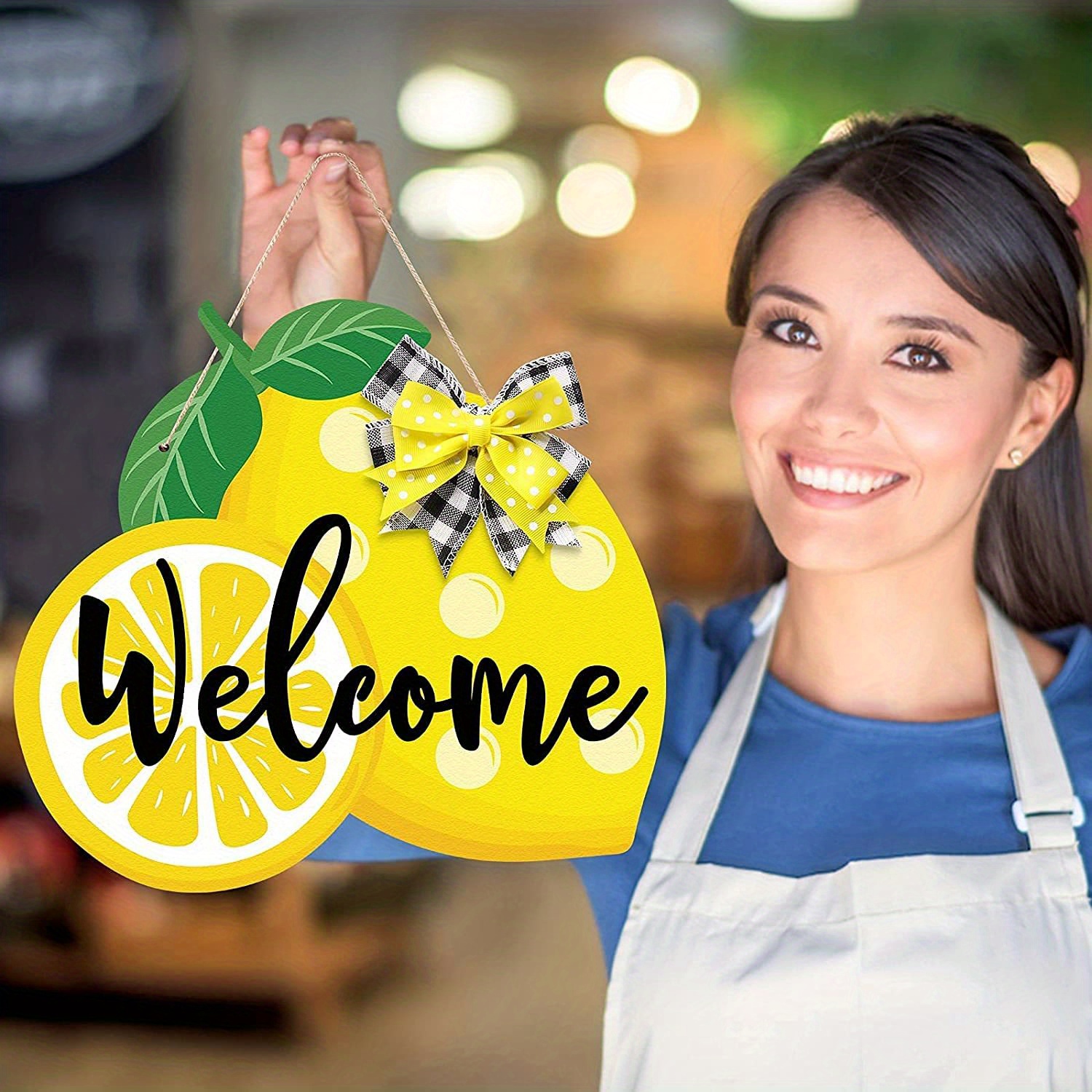 Summer Lemon Wooden Plaque Lemon With Yellow Black White Buffalo Plaid Bowknot Sign Hanging