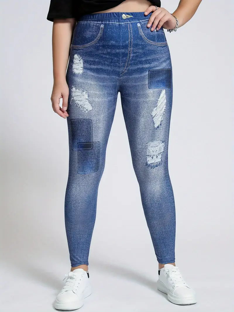 Denim Print Leggings High Waist Skinny Casual Pants Spring Temu