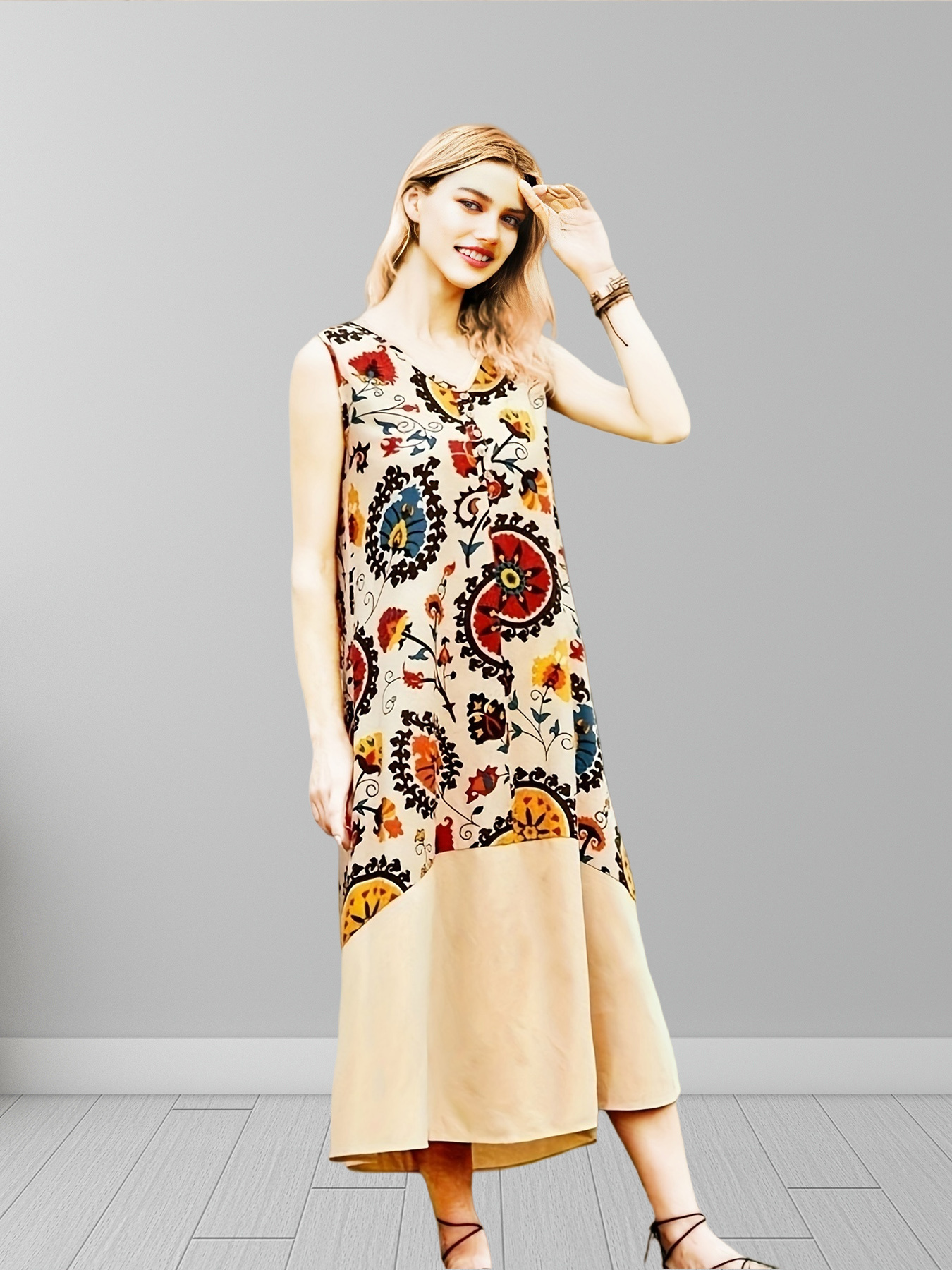 Ethnic Floral Print Dress Boho V Neck Maxi Sleeveless Dress - Temu Norway